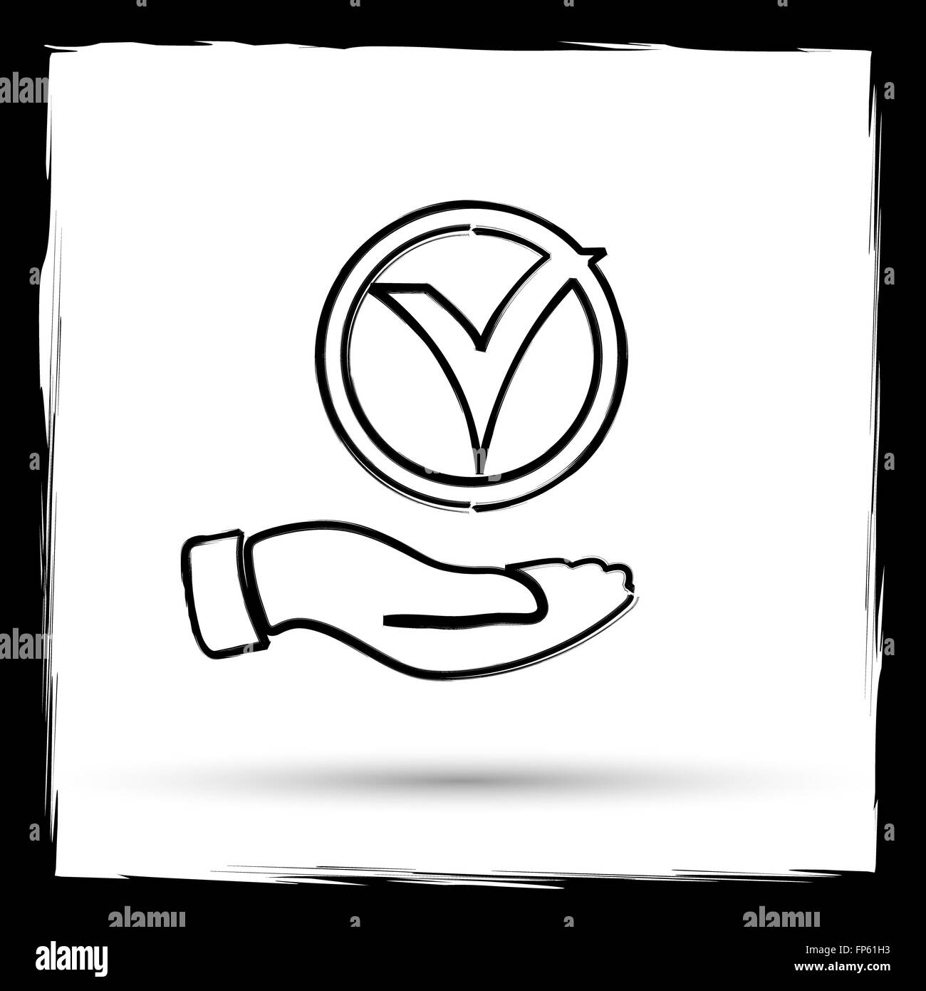 Tick with hand icon. Internet button on white background. Outline ...
