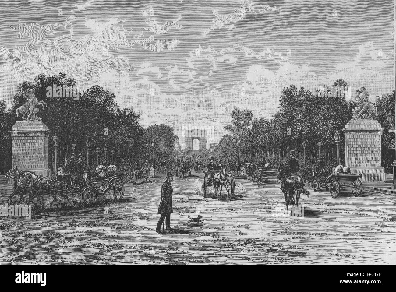 PARIS: The Champs Elysees, from the Place de la Concorde, antique print ...
