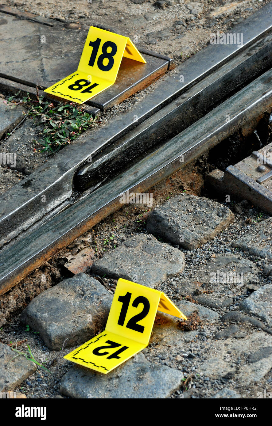 Crime Evidence Marker Next to Rails Stock Photo - Alamy