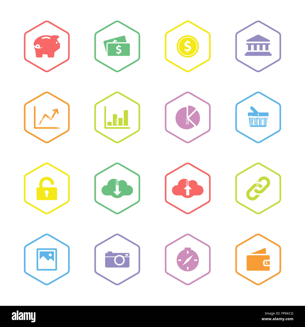 [JPEG] colorful flat finance and technology icon set with hexagon frame ...
