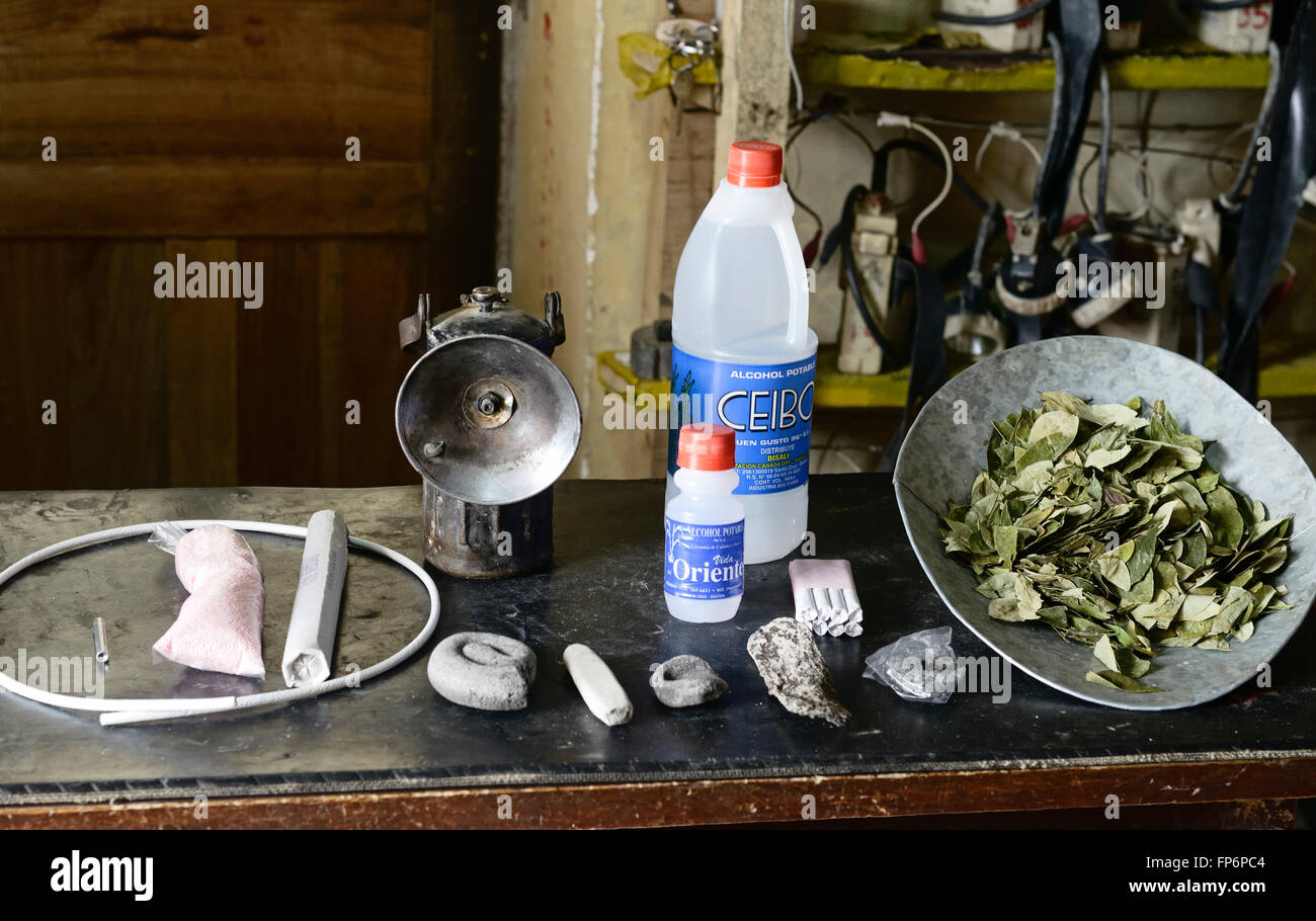 Essential items in a miners daily “tool kit”: coca leaves to give ...