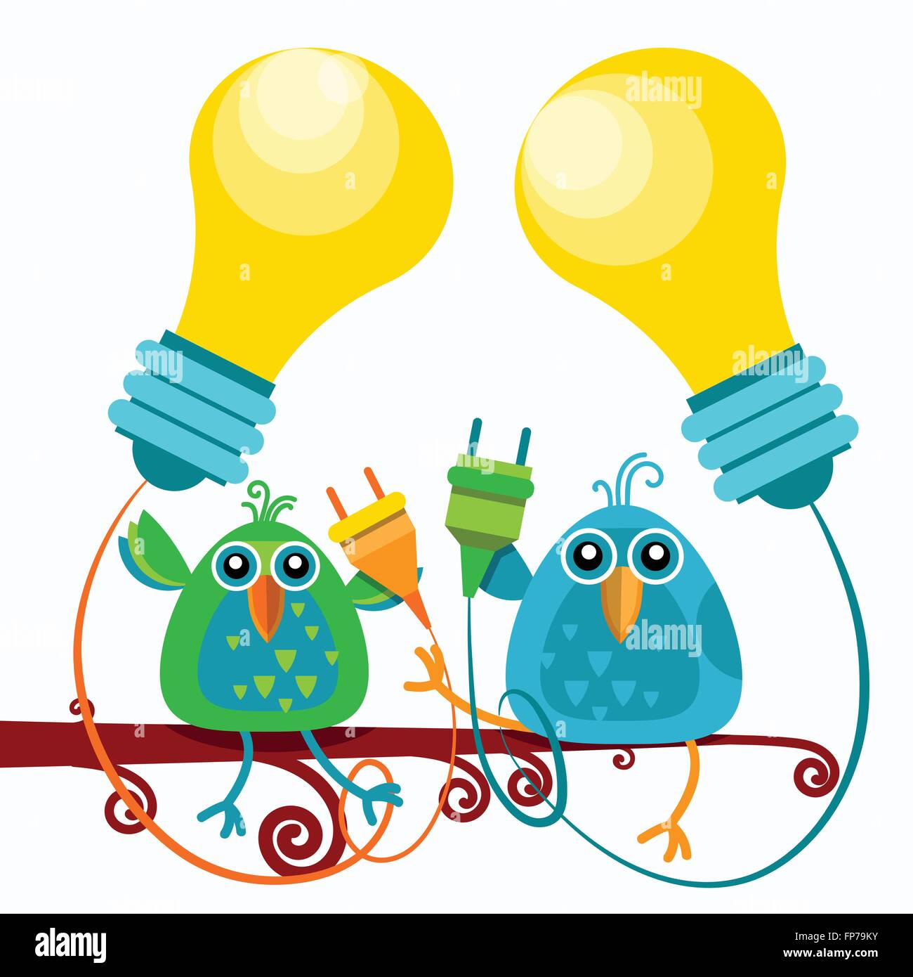 Two Birds Sitting On Branch Hold Socket Light Bulb New Idea Concept ...