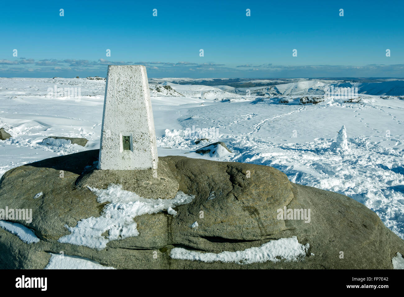 Trig point at Kinder Low summit, on the Kinder Scout plateau, above ...