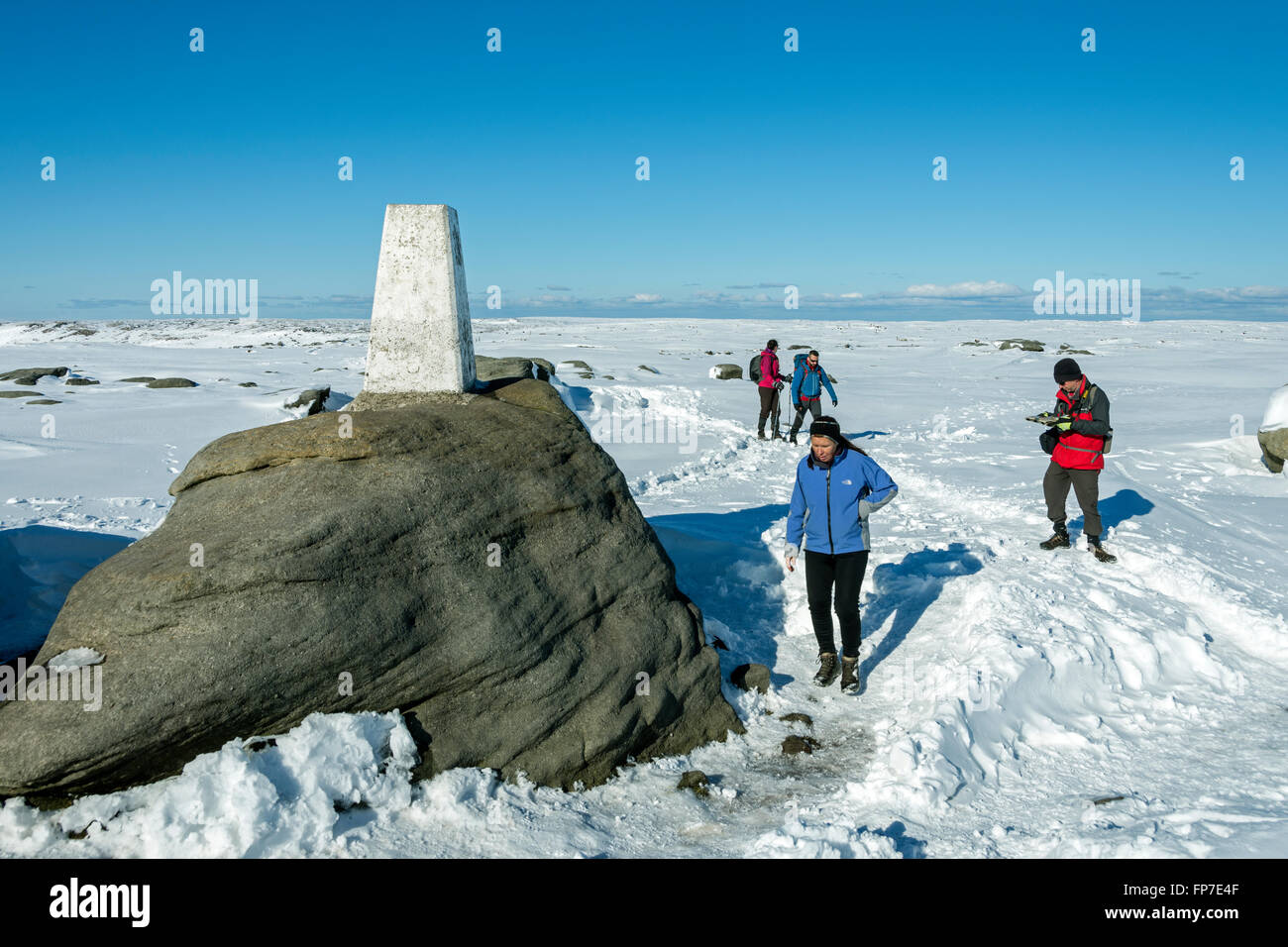 Hill walkers and trig point at Kinder Low, on the Kinder Scout plateau ...