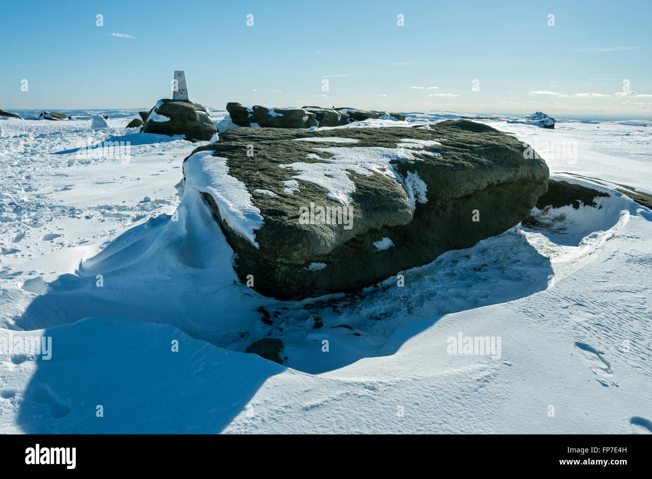 Trig point and rocks at Kinder Low summit, on the Kinder Scout plateau ...