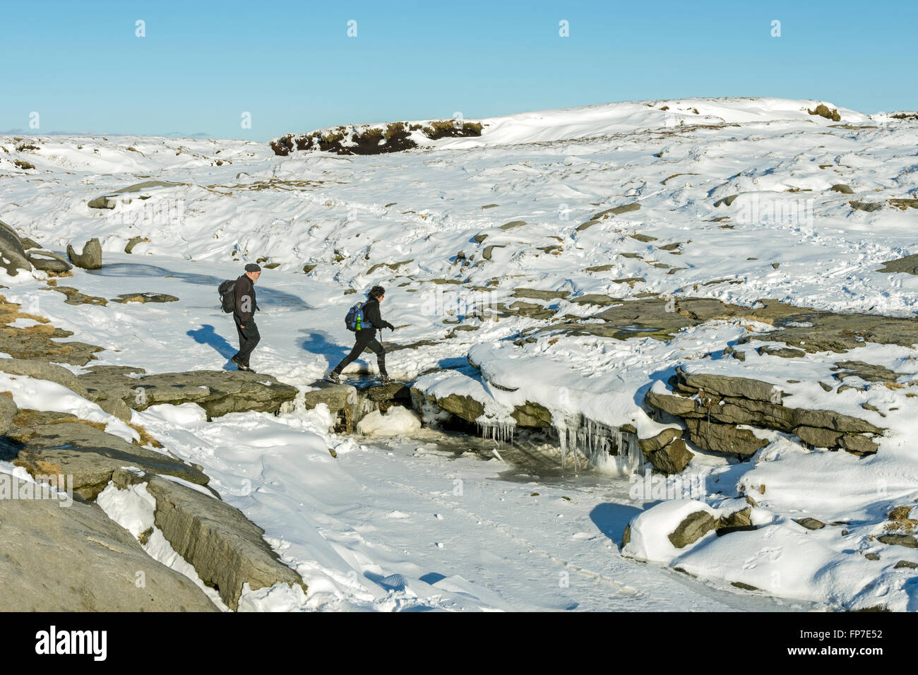 Walkers crossing the frozen Kinder river, Kinder Scout plateau, above ...