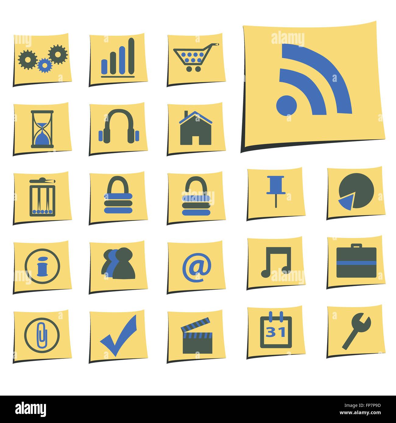 Image of colorful blue and gray icons on yellow notes isolated on a ...