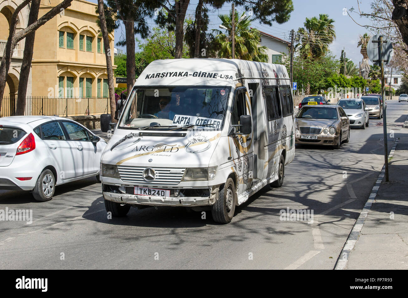 Mercedes minibus on a street in the city of Kyrenia in Northern Cyprus ...
