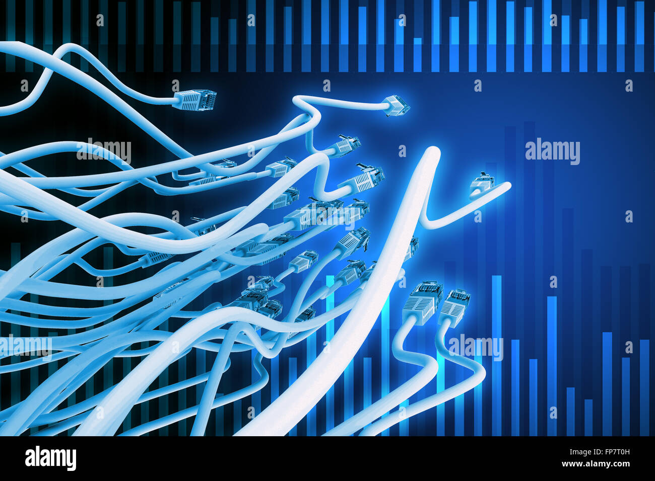 Abstract blue background with light spots and computer cables, internet ...