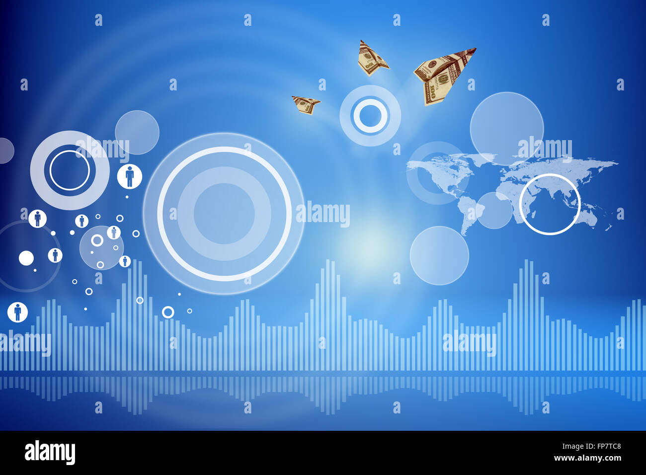 Abstract blue background with world map and paper airplanes Stock Photo ...