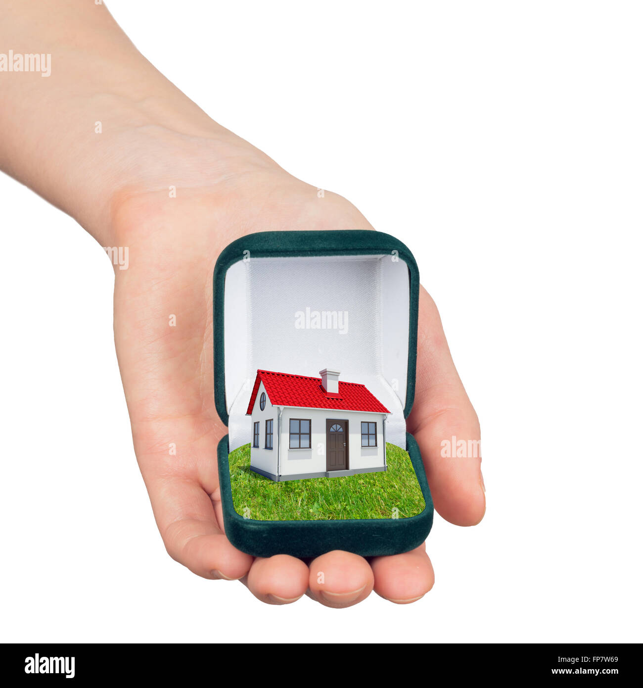 Hand holding ring box with house inside isolated on white background ...