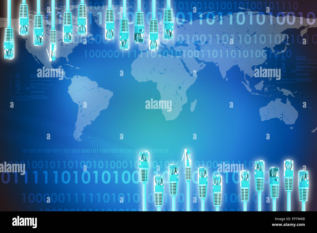 Abstract blue background with world map and computer cables, internet ...