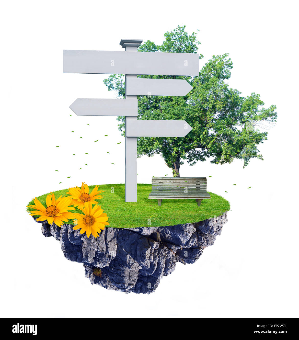 Island with grass and road sign isolated on white background Stock ...