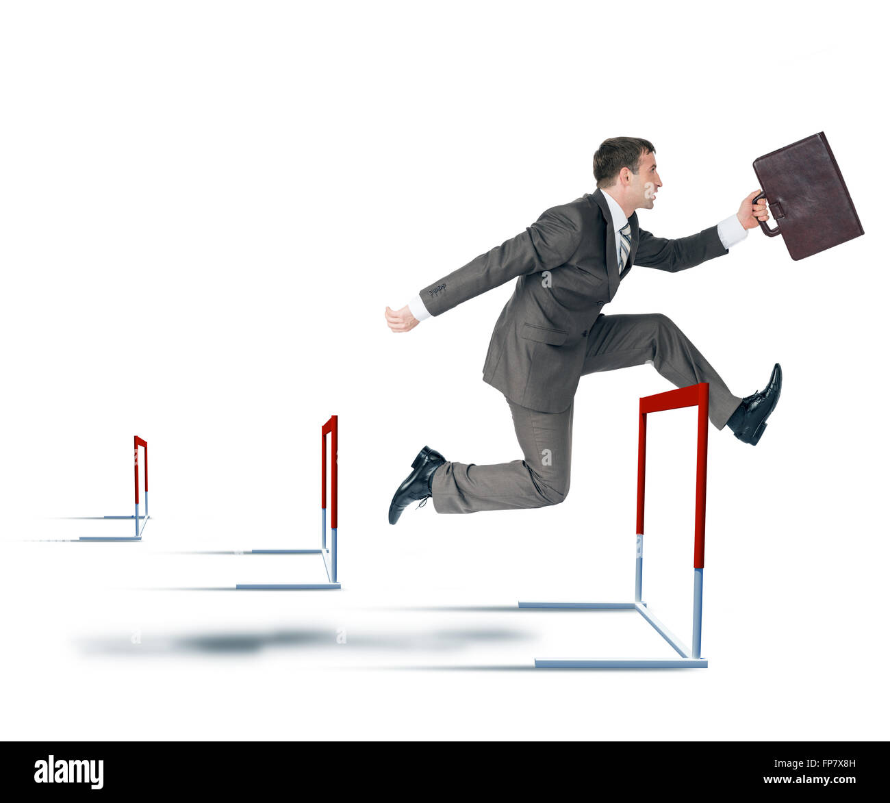 Businessman hoppig over barrier isolated on white background ...