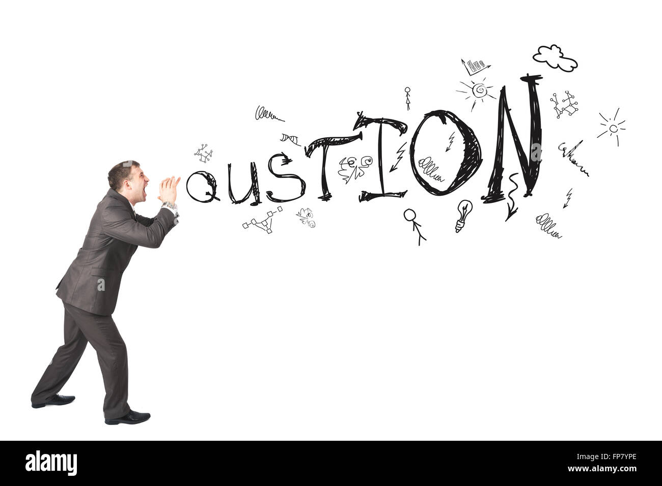 Businessman shouting word question on white background Stock Photo - Alamy