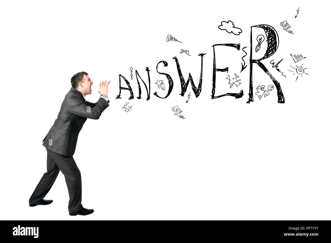 Businessman shouting word answer on white background Stock Photo - Alamy