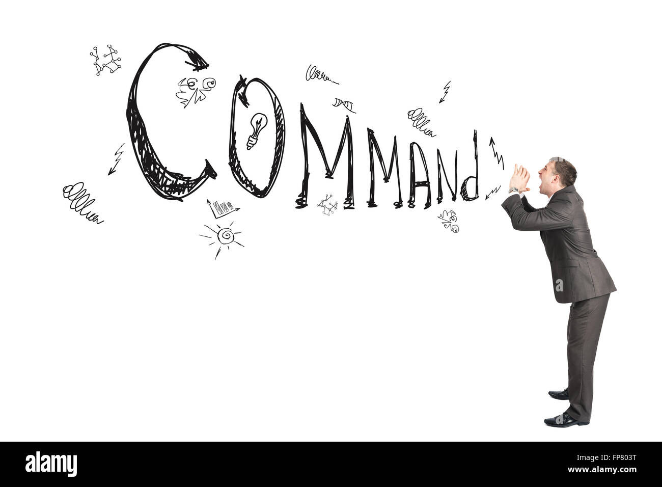 Businessman shouting word command on white background Stock Photo - Alamy