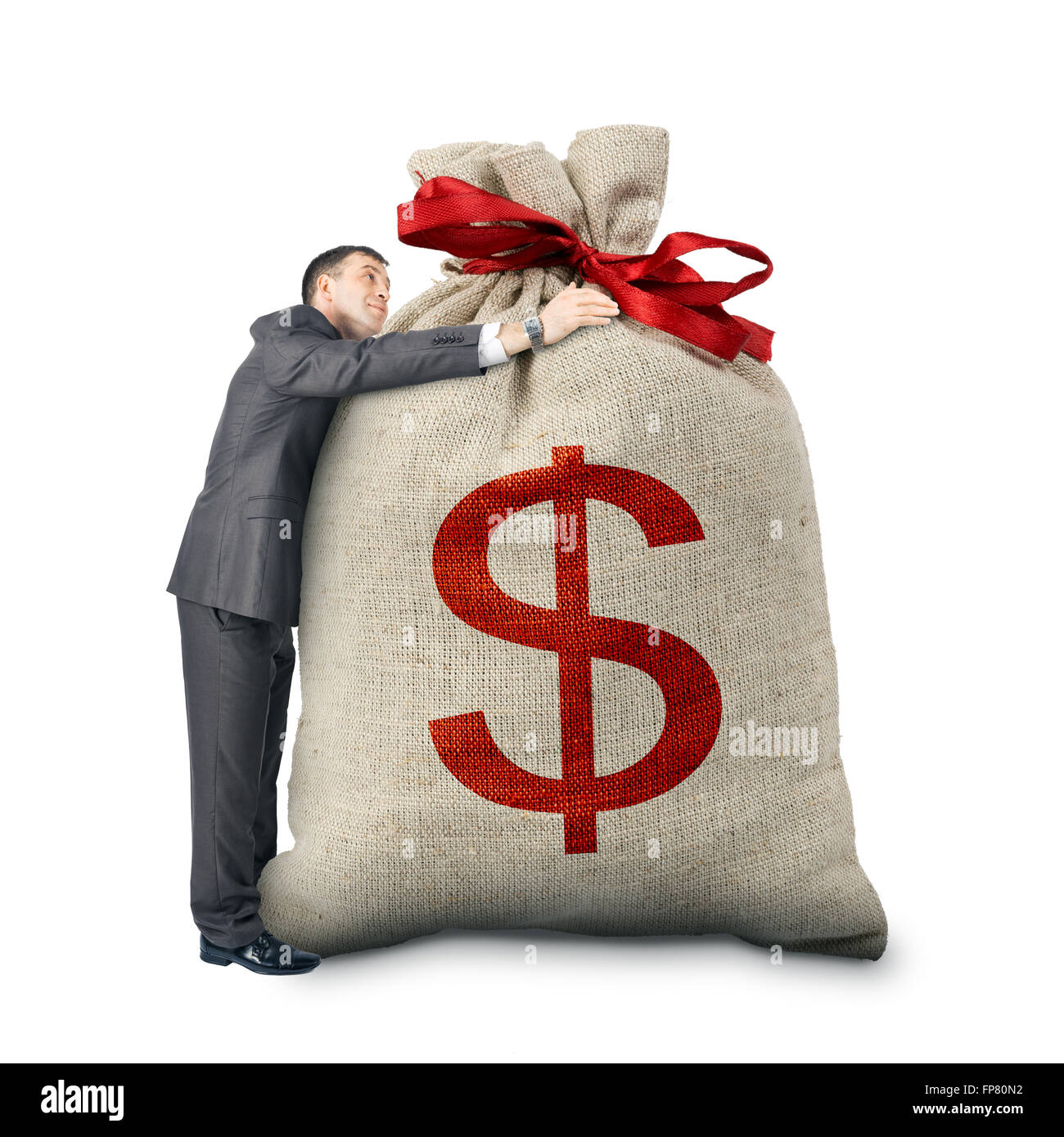 Businessman hugging big bag with dollar sign isolated on white ...