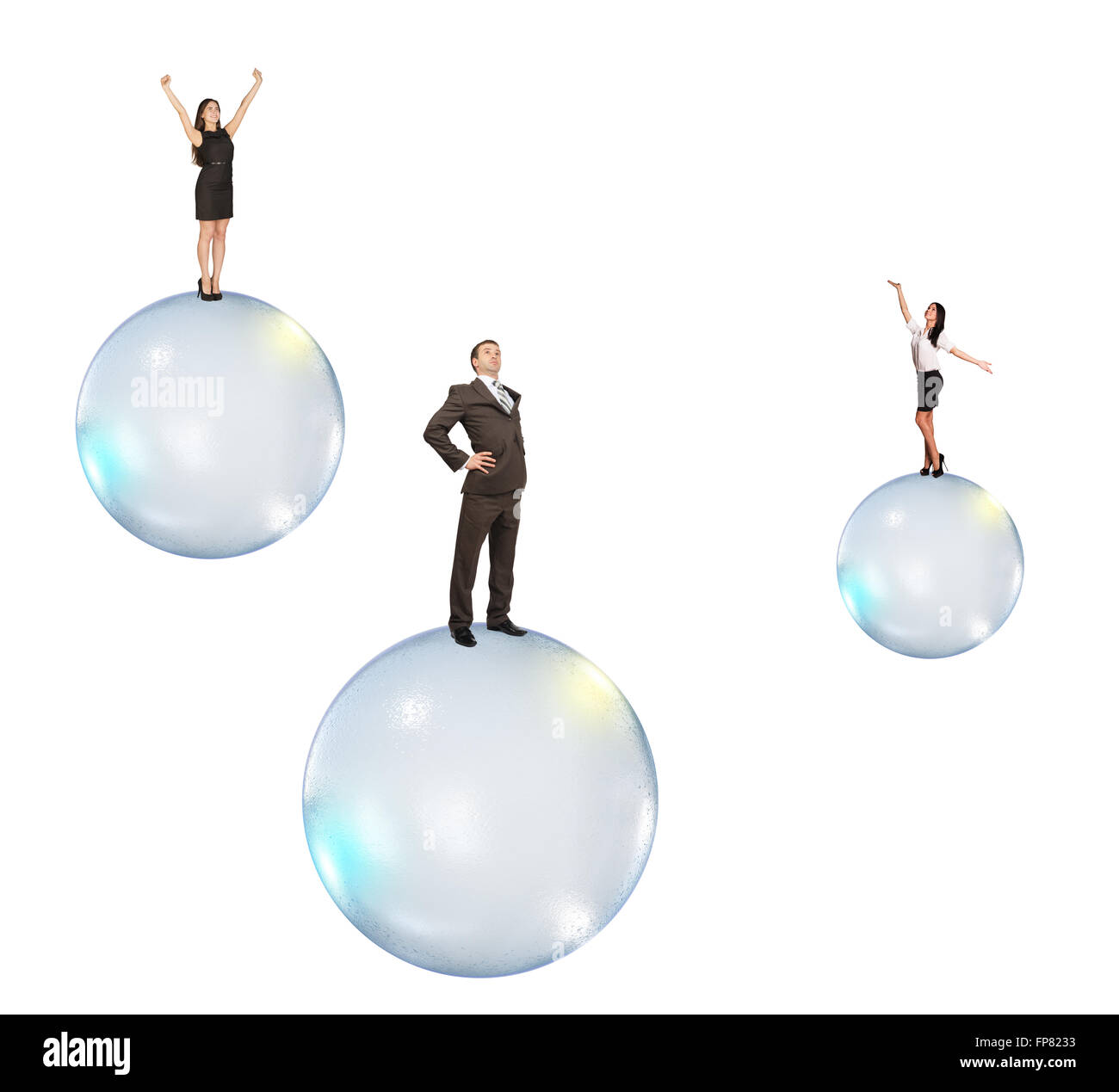 Set of business people flying on bubbles isolated on white background ...