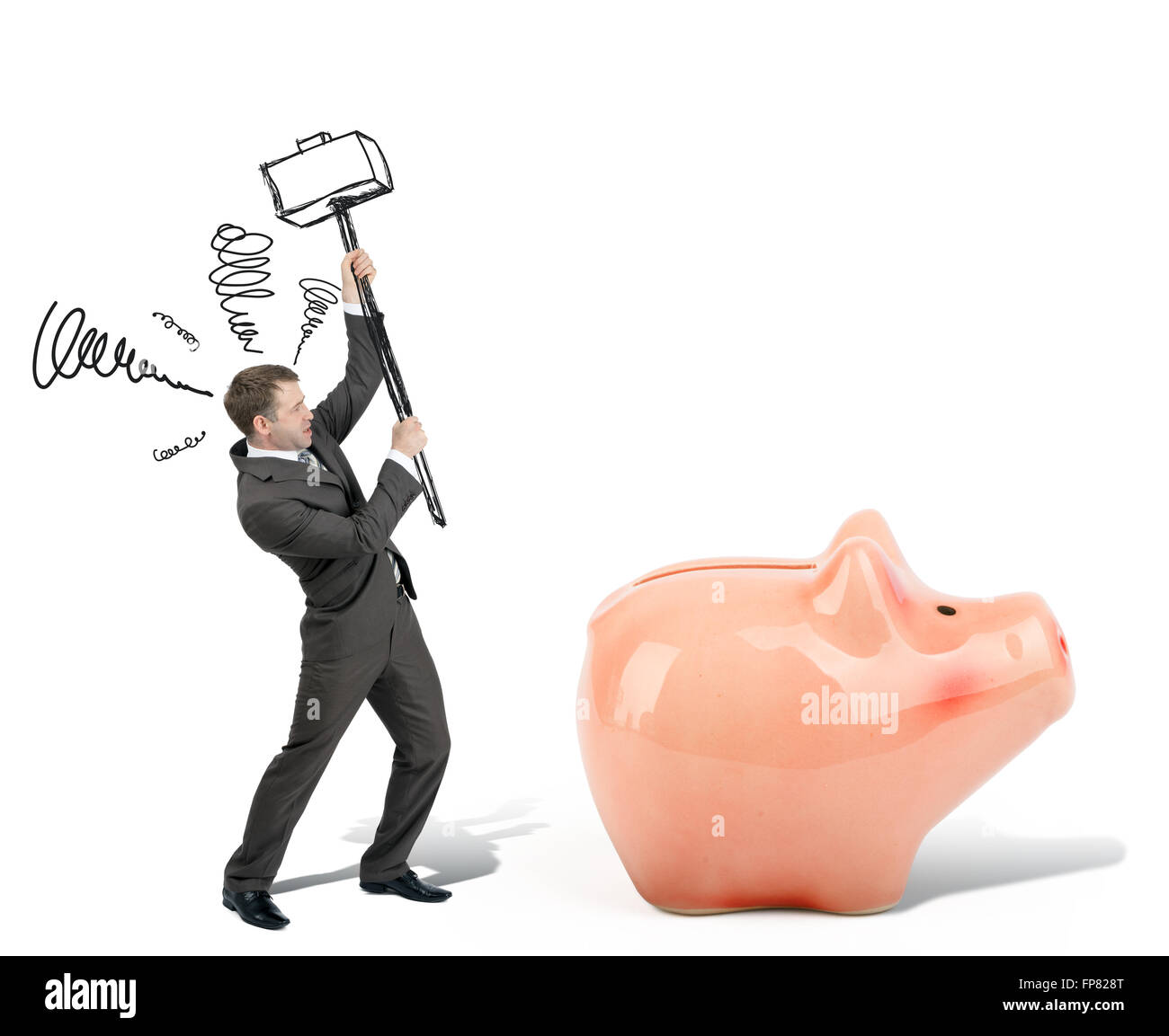 Businessman breaking piggy bank isolated on white background Stock ...