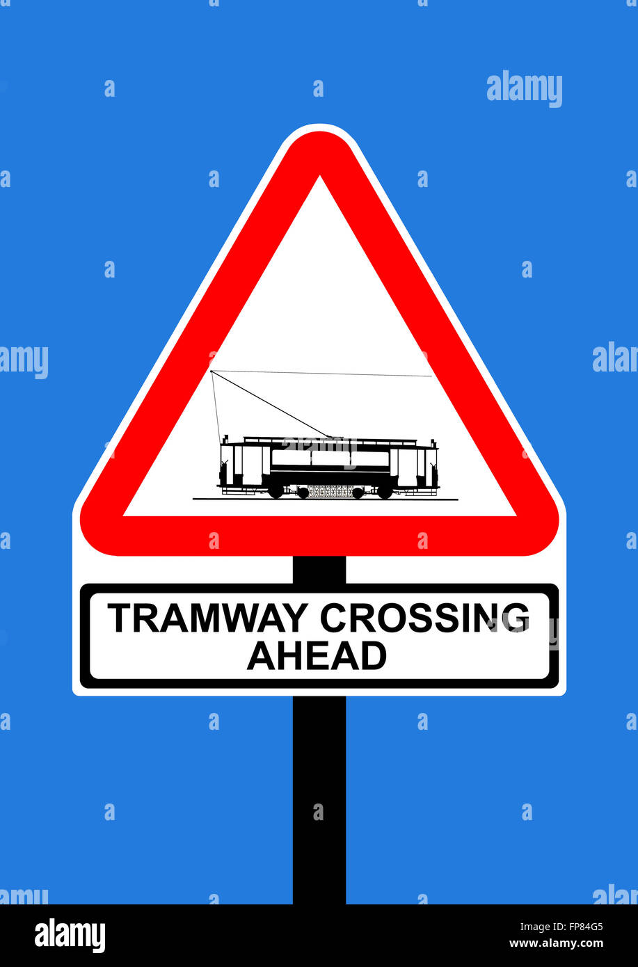 Warning triangle Tramway Crossing Ahead road traffic sign Stock Photo ...