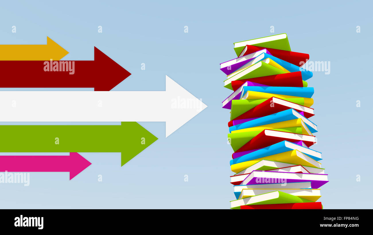 various colors of arrows pointing towards stack of books Stock Photo ...