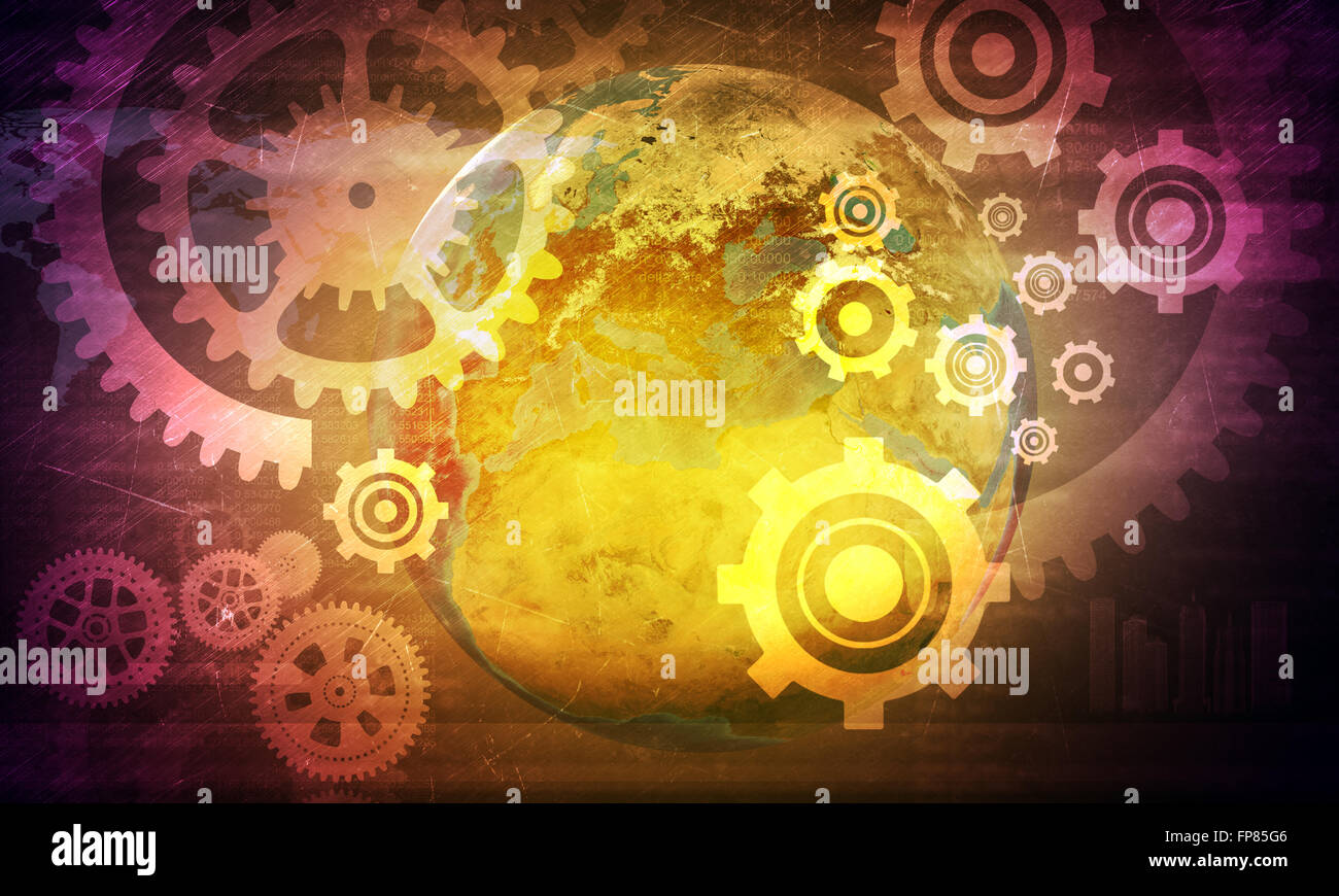 Abstract colorful background with cog wheels and earth Stock Photo - Alamy