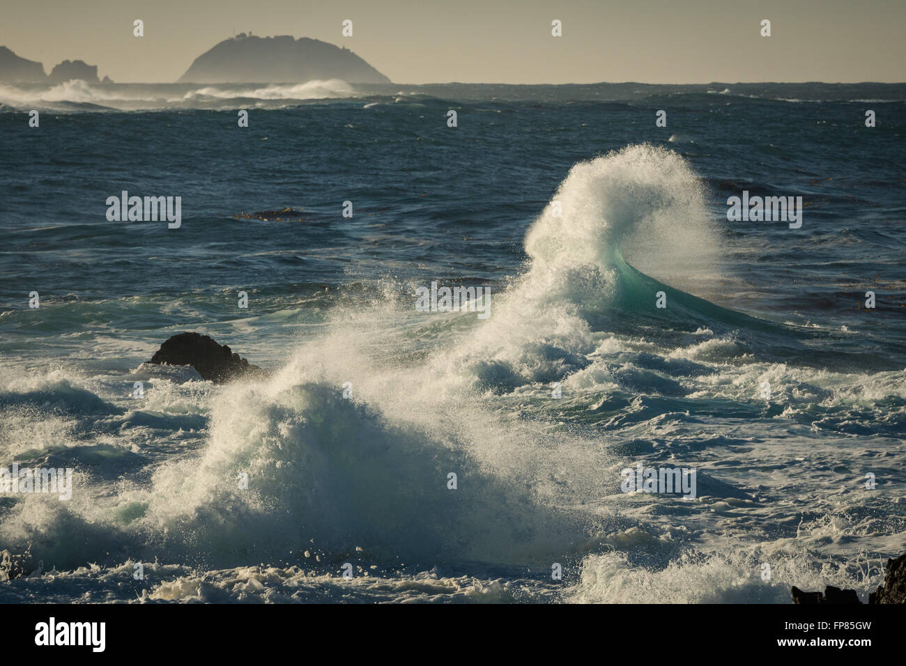 Backlit sea spray from a large wave in Big Sur California Stock Photo ...