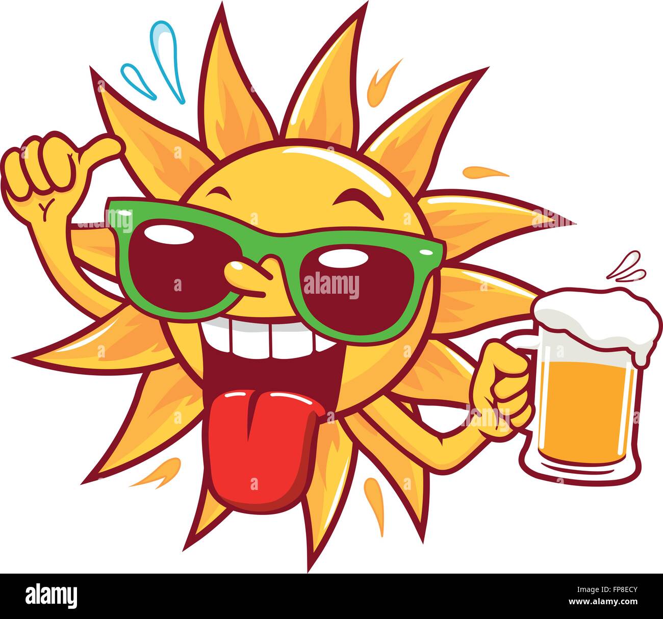 Cartoon sun with green sunglasses drinking a cold glass of beer. Summer ...