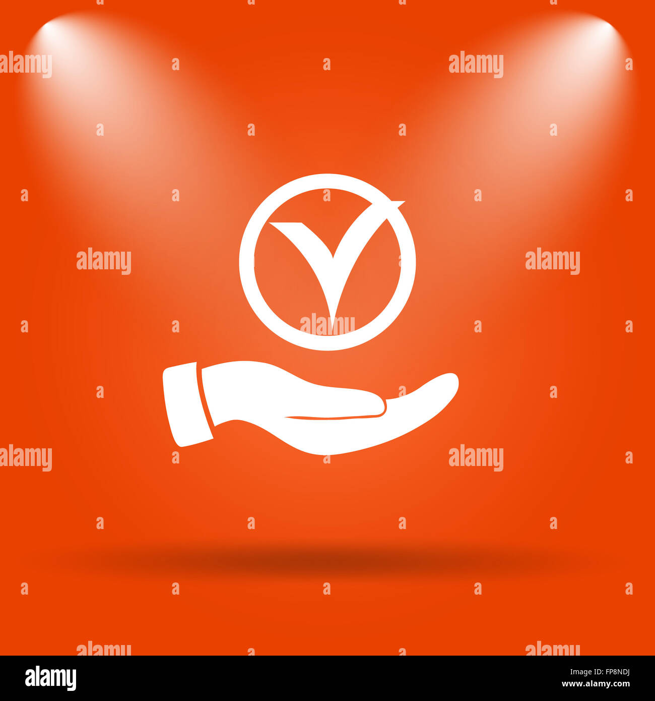 Tick with hand icon. Internet button on orange background Stock Photo ...