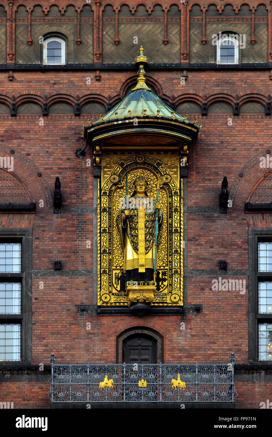 Gilded statue of Bishop Absalon Copenhagen City Hall, Denmark Stock ...