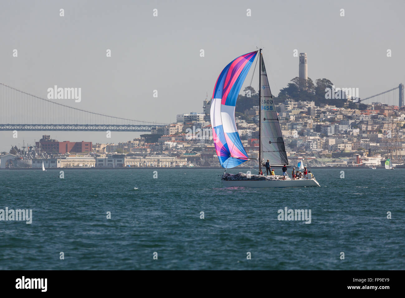 Sailboat with pink,blue and white spinnaker goes past the San Francisco ...