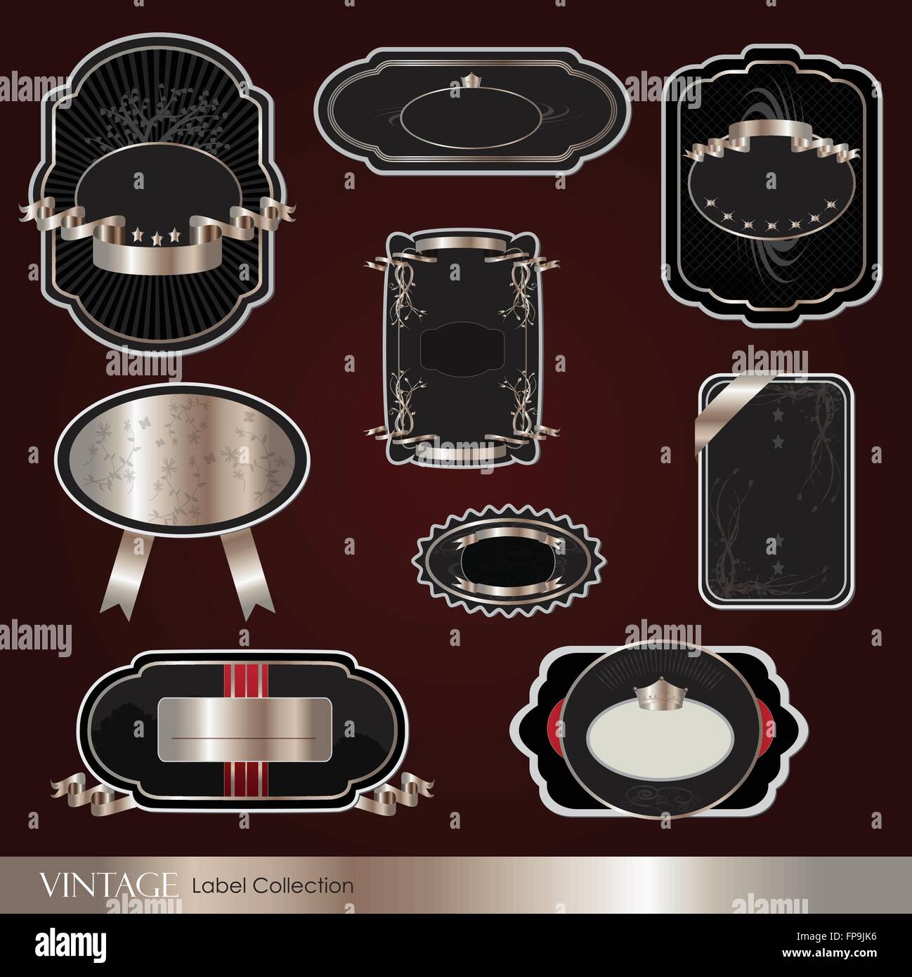 Image of various vintage labels against a maroon background Stock ...