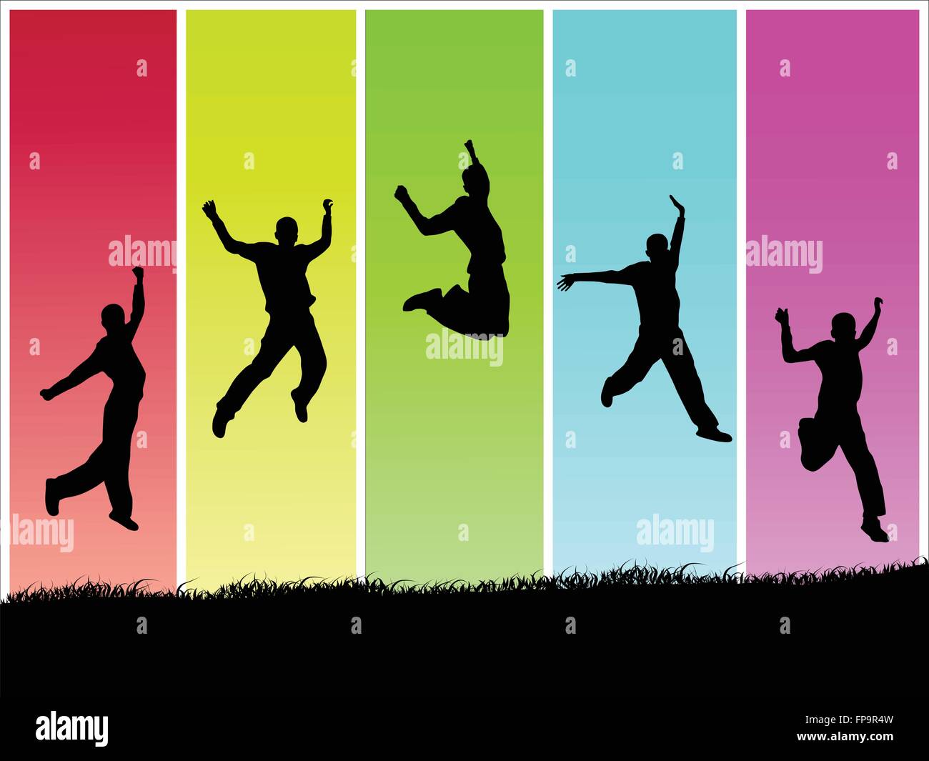 Image of silhouettes jumping on a colorful background Stock Vector ...