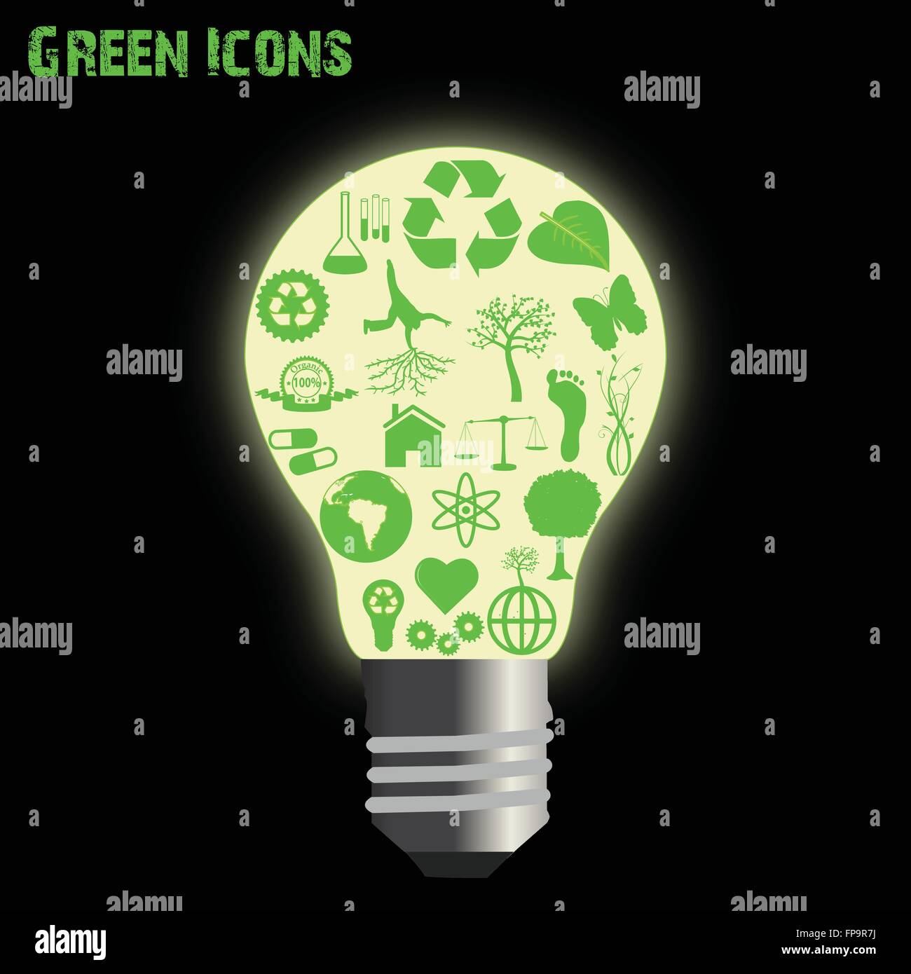 Concept image of various green eco-friendly icons inside of a light ...