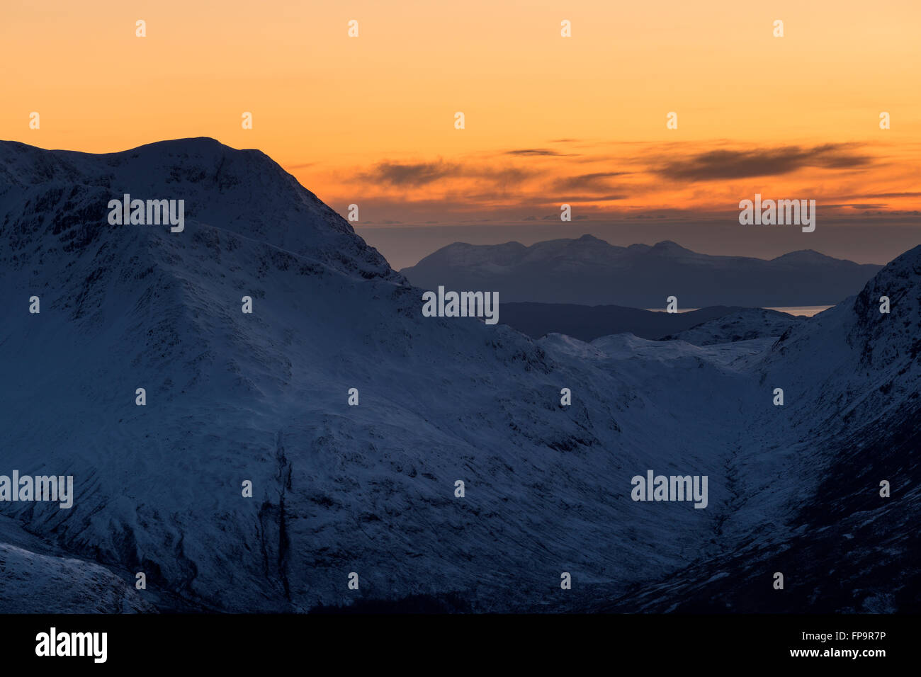 The Rum Cuillin at dusk as seen behind the bealach between Beinn ...