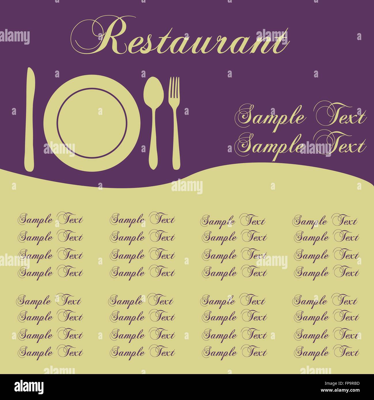 Image of a colorful purple sample restaurant menu with editable text ...