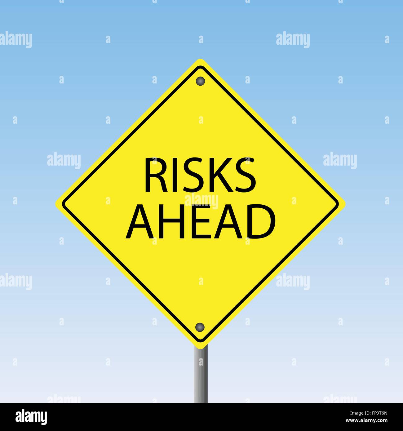 Image of a yellow "Risks Ahead" road sign with a sky background Stock ...