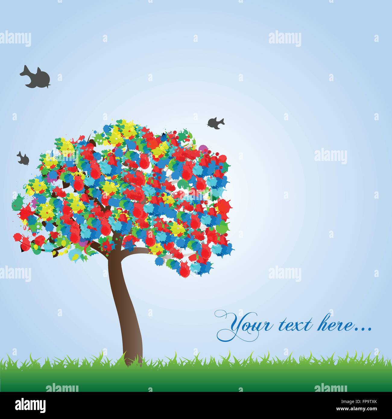 Image of a colorful tree scene with birds, grass and sky Stock Vector ...