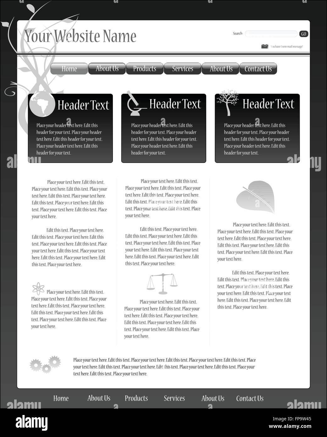 Vector editable black and grey full web page template Stock Vector ...