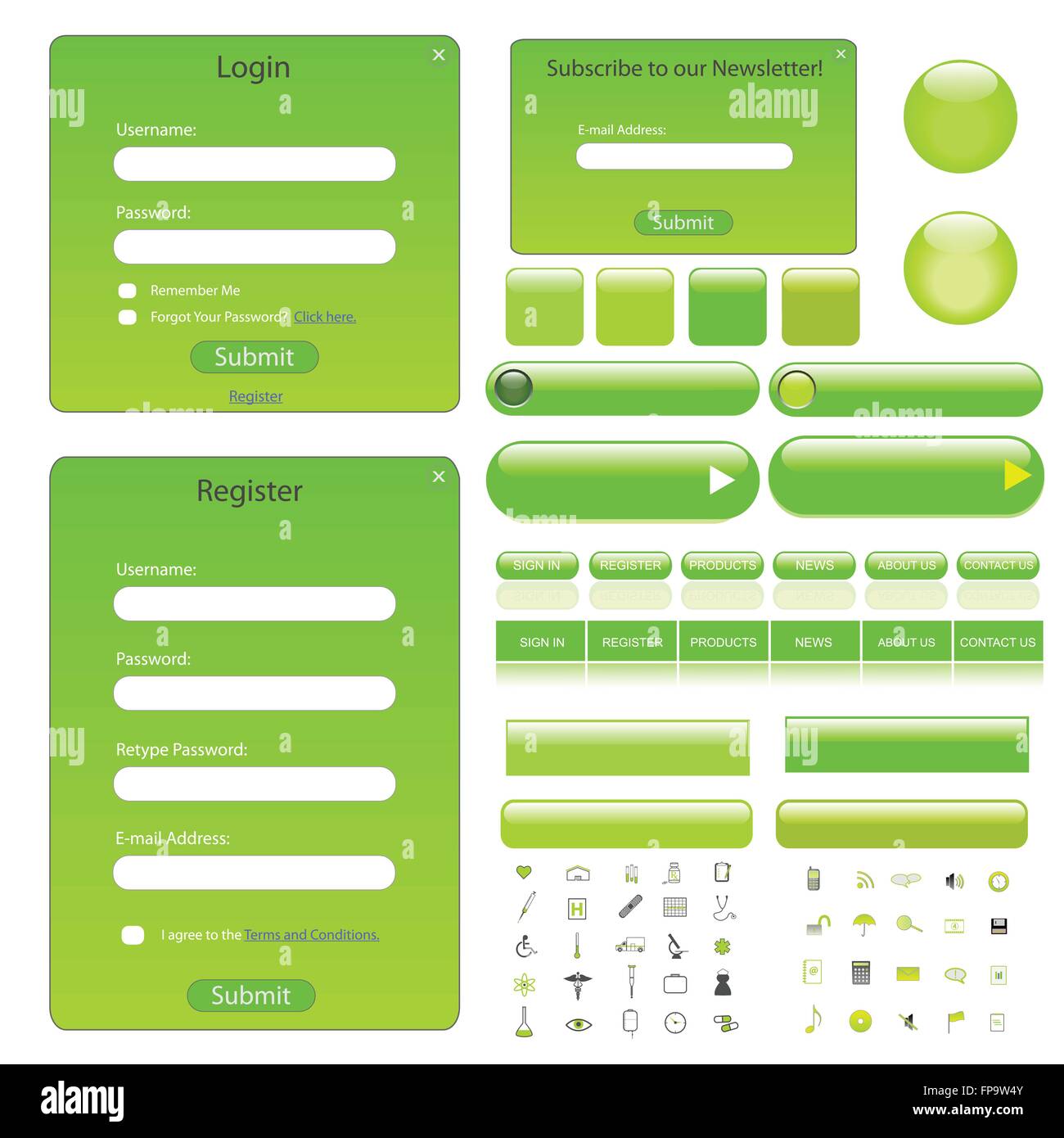 Green web template with forms, bars, buttons and many icons Stock ...