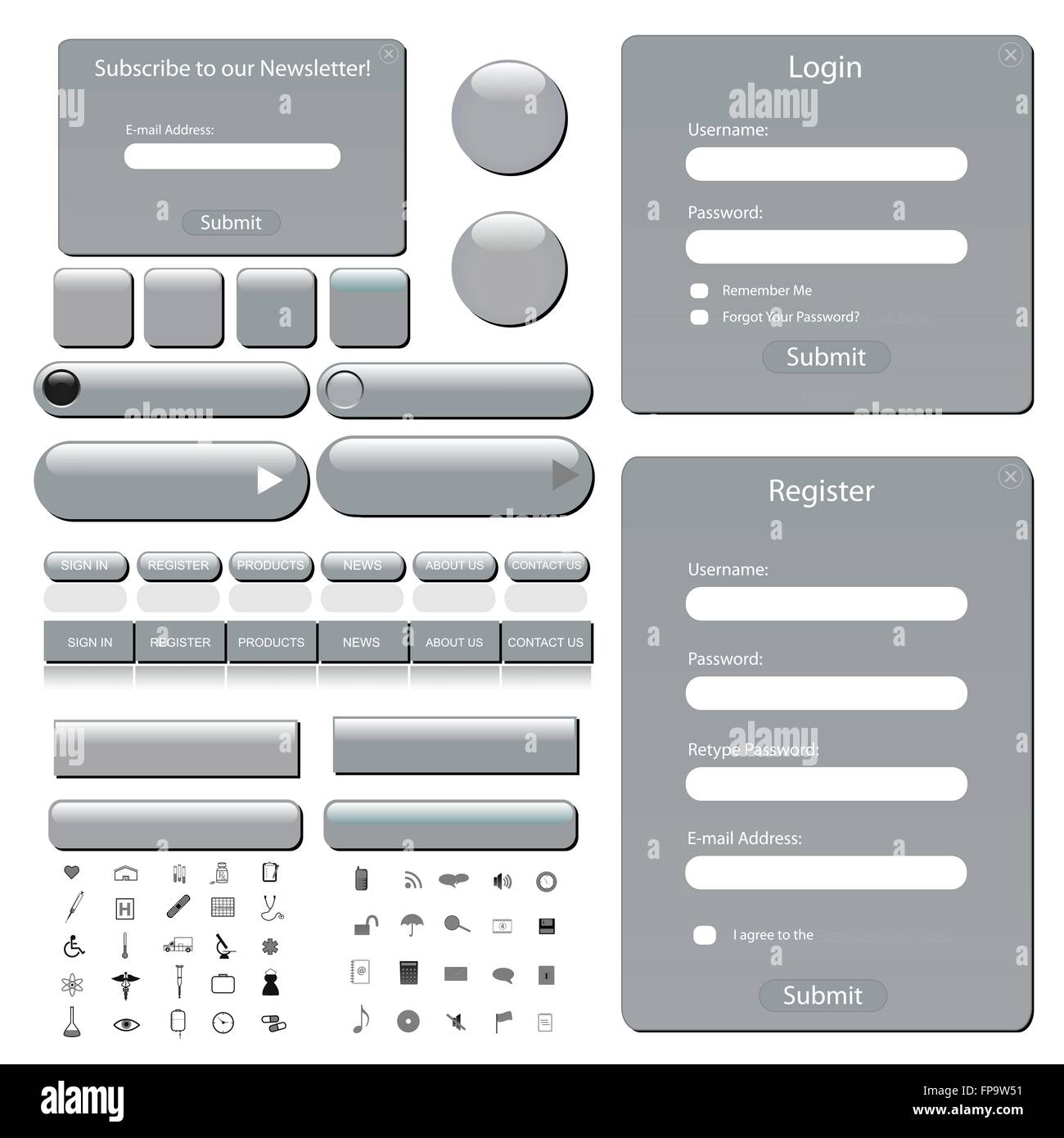 Silver web template with forms, bars, buttons and many icons Stock ...