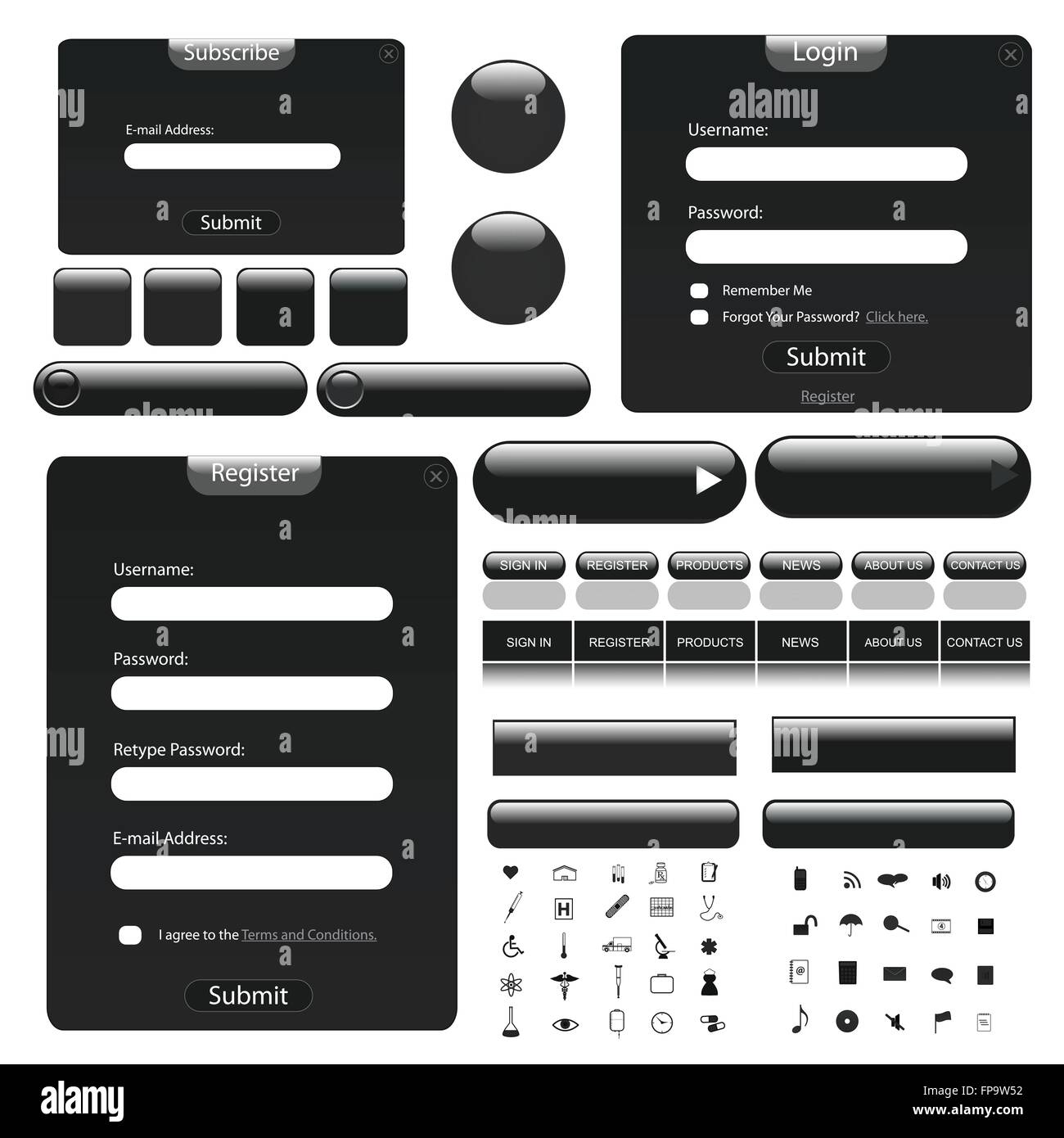 Black theme web template with forms, bars, buttons and many icons ...