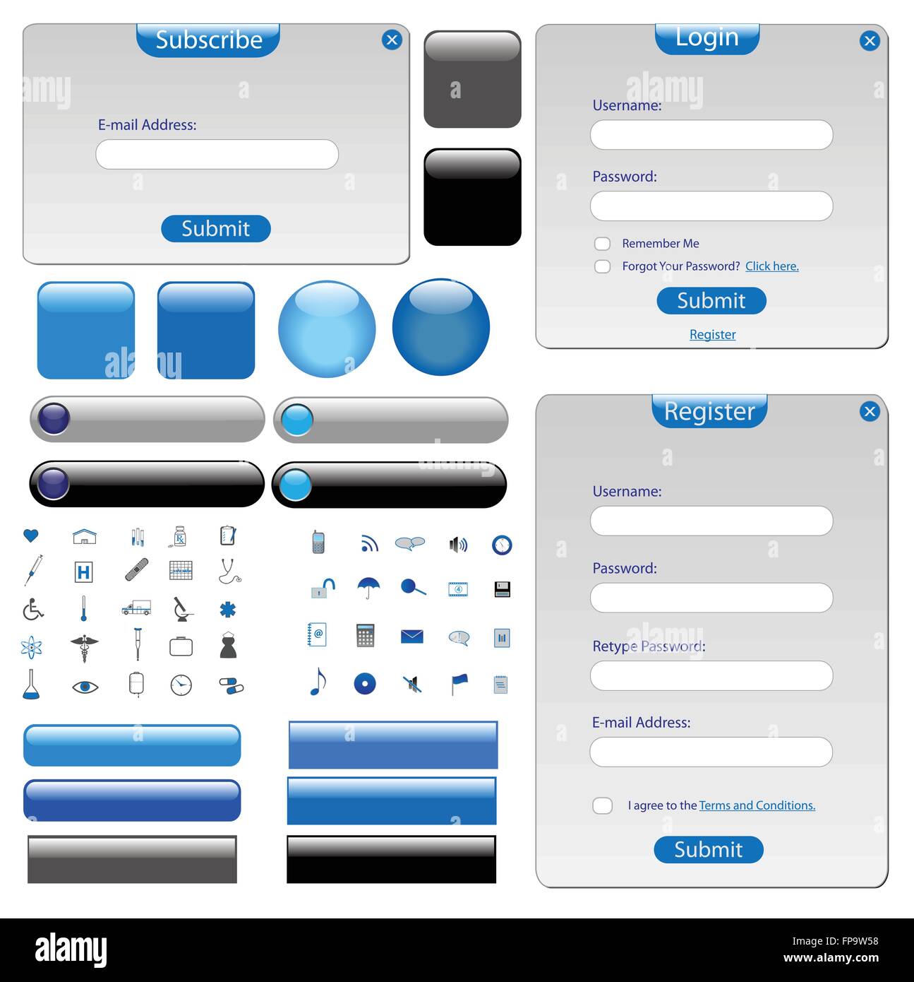 Grey web template with forms, bars, buttons and many icons Stock Vector ...