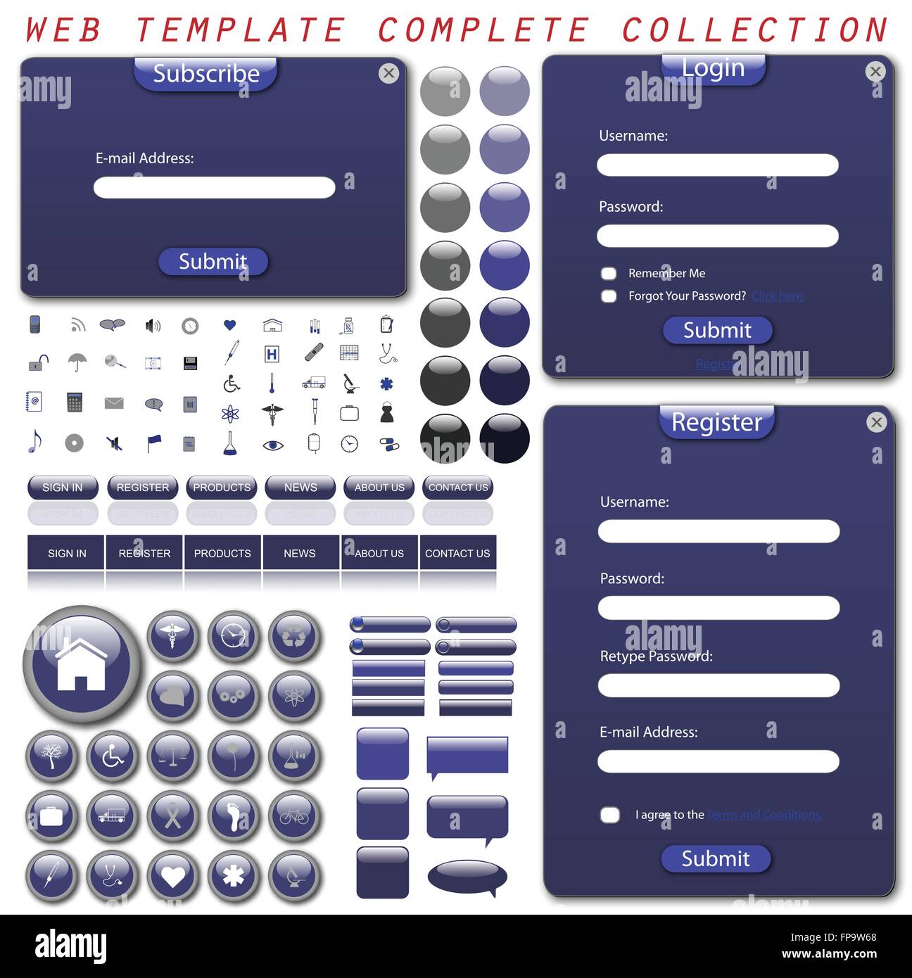Complete web template with forms, bars, buttons and icons Stock Vector ...