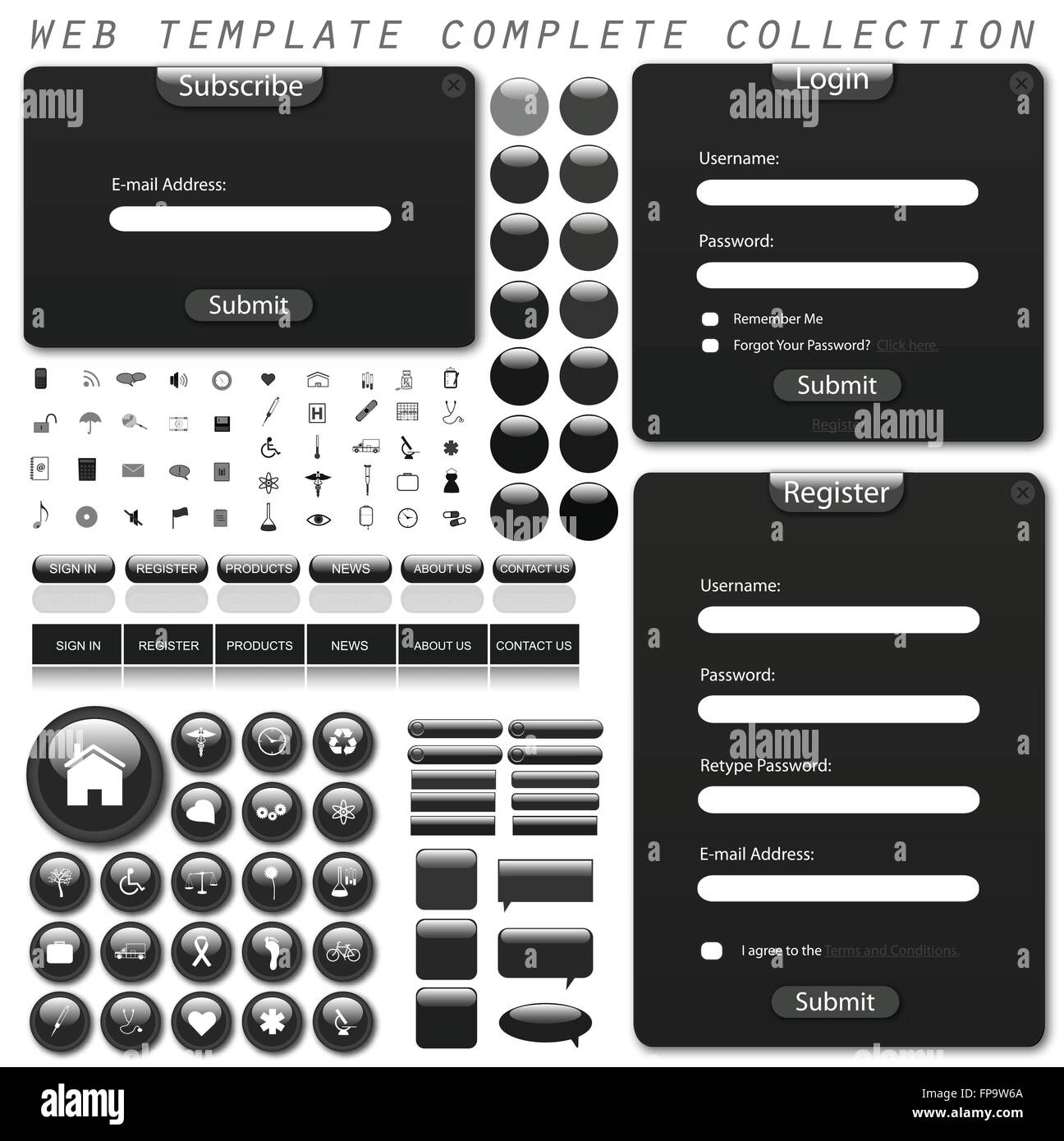 Collection of web template forms, bars, buttons, icons and chat bubbles ...