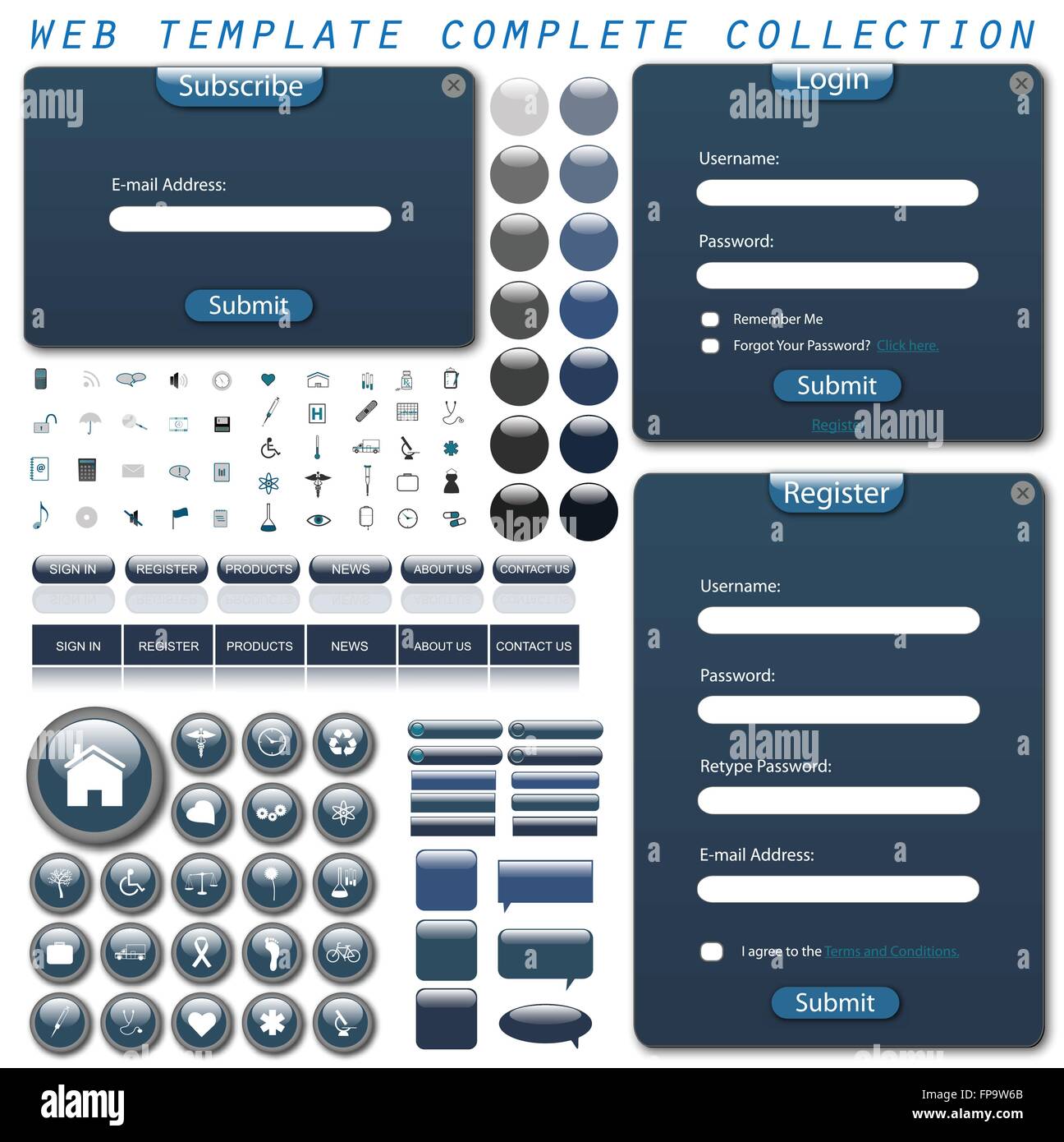 Complete web template with forms, bars, buttons, icons and chat bubbles ...
