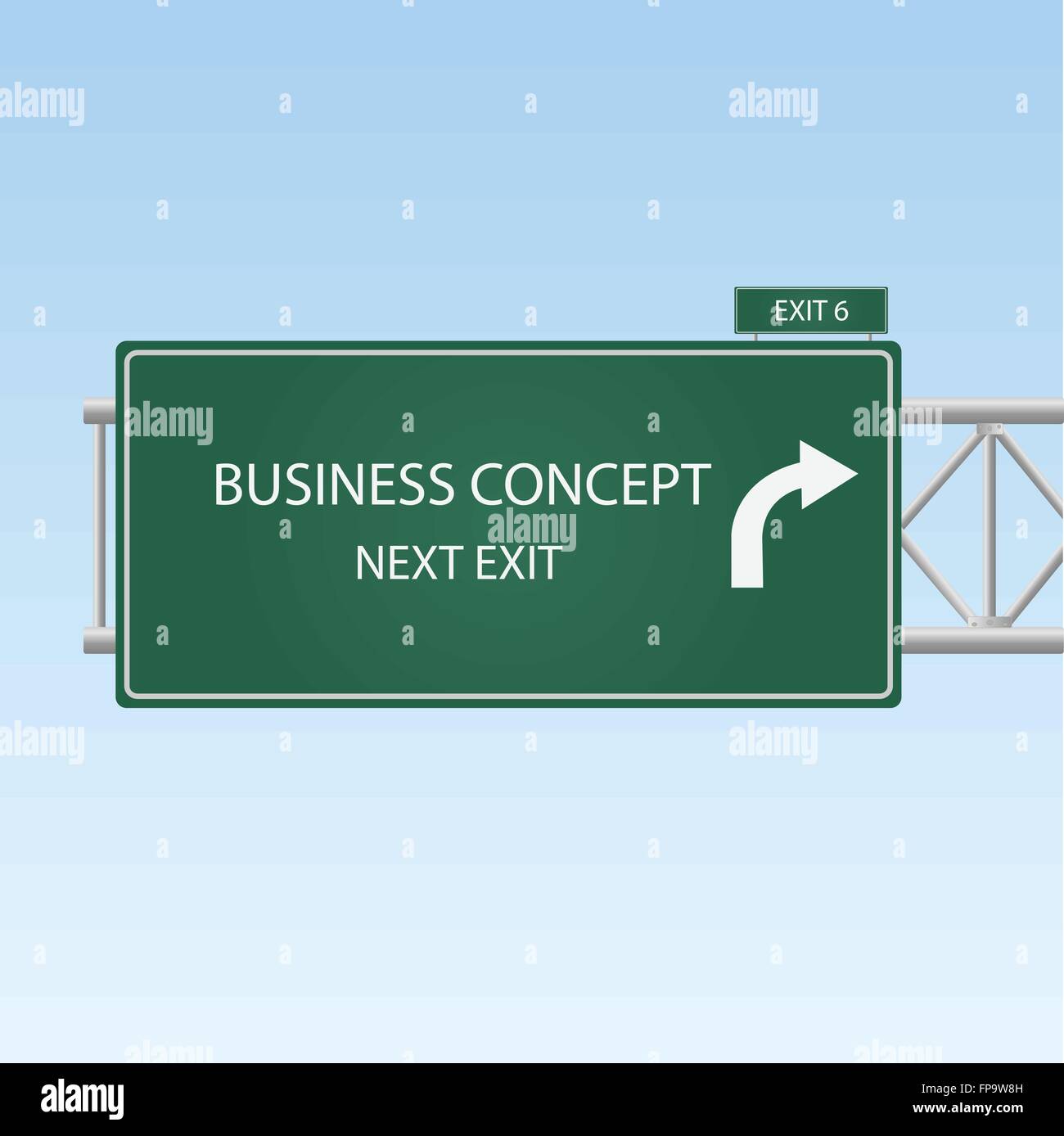 Image of a highway sign with an exit to "Business Concept" with a blue ...