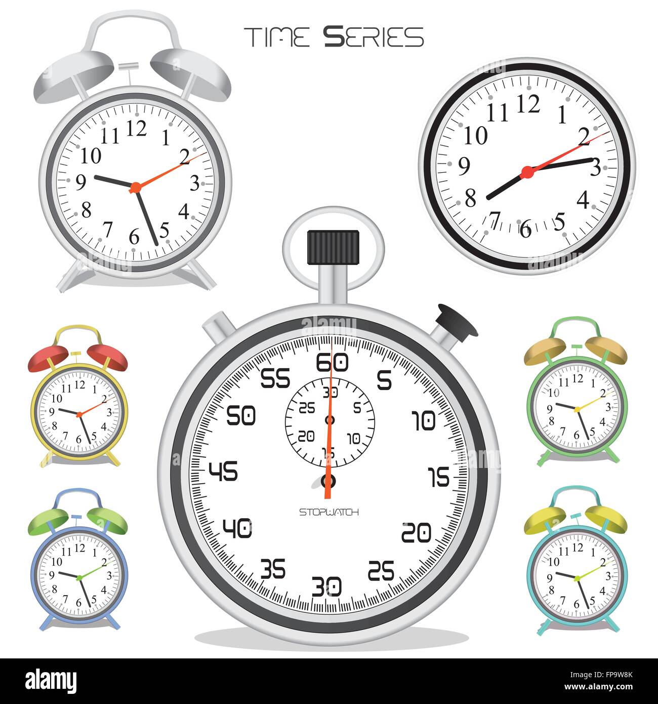 Image of various colorful clocks and a stopwatch isolated on a white ...