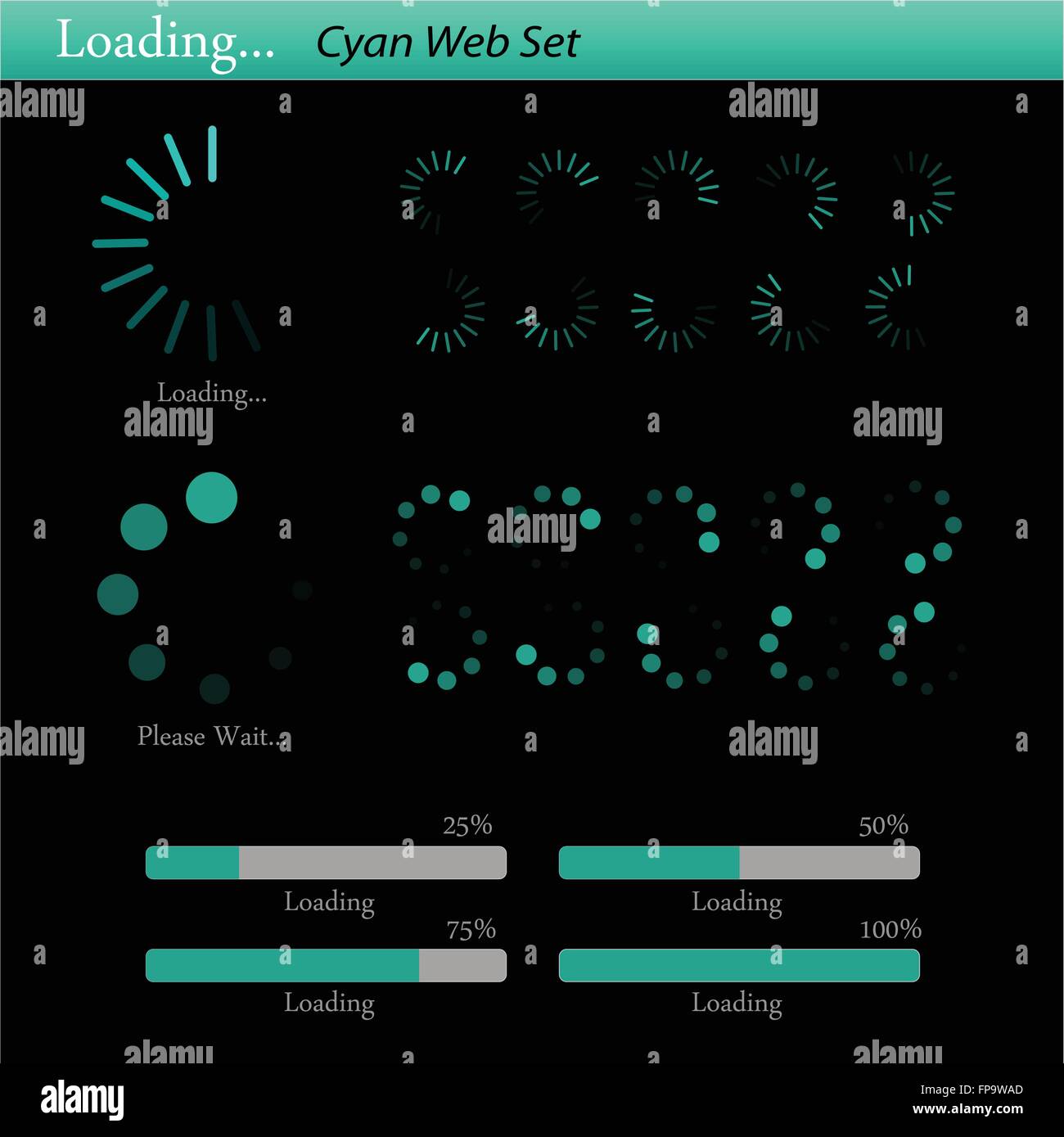 Complete cyan, colorful "loading" web set on a dark background Stock ...